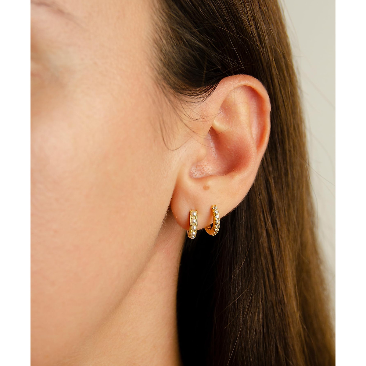 LAVLA Pearl Huggie Earrings | 14k Gold Plated or Silver Small Tiny Pearl Hoop Earrings For Women (Gold Pearl)