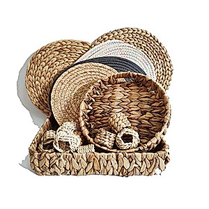 ZKZNsmart Set of 3 Grass Weaving Tray，Hand-Weaving Natural Water Hyacinth Storage Baskets,Wicker Serving Trays with Built-in Handles, Grass Storage Bins for Fruit,Arts and Crafts.