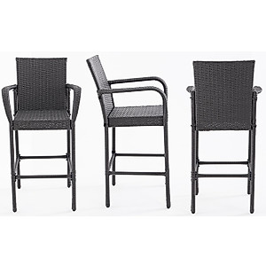Outdoor Bar Stools Set of 2, 2-Piece Patio Bar Stools with Armrests, All Weather Rattan Bar Chairs with Backrest, Wicker Bar Stools for Backyard, Garden, Pool, Balcony and Deck, Dark Grey