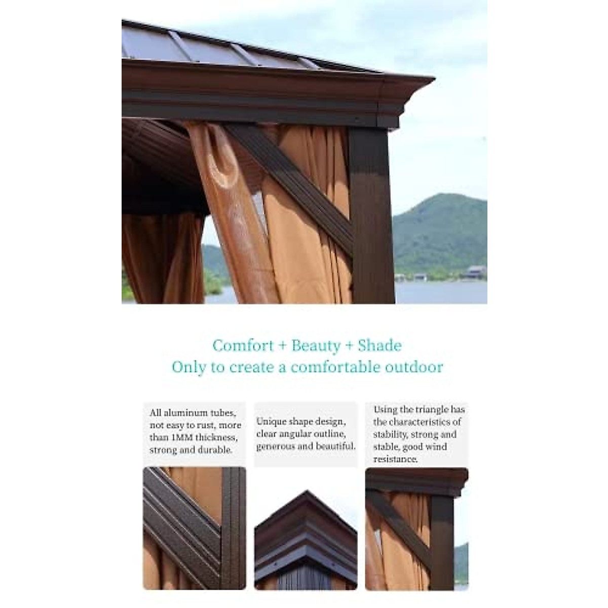 Hardtop Gazebo, 10X 10ft Outdoor Double Roof Canopy, Aluminum Frame Permanent Pavilion with Curtains and Netting, Sunshade for Garden