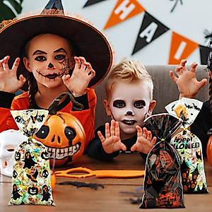150 Pcs Halloween Cellophane Treat Bags for Kids with Twist Ties, 6 Styles Clear Candy Cookie Bags for Trick or Treat, Goodie bags for Halloween Party Favors Supplies