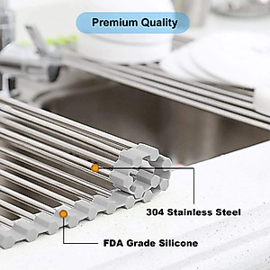 Searik Over The Sink Dish Drying Rack, Roll up Sink Dish Drainer Rack Multipurpose Foldable Kitchen Stainless Steel Dish Rack Sink Drying Rack (17.7” x 11.8”)