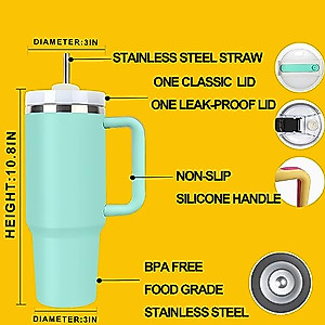 Sekirou 40 oz Tumbler with Handle and Straw Lid, Large Insulated Quencher Stainless Steel Metal Water Bottle, with Leak Proof Lid, Metal Straw and Flexible Straw Tip (A-Eucalyptus Green)
