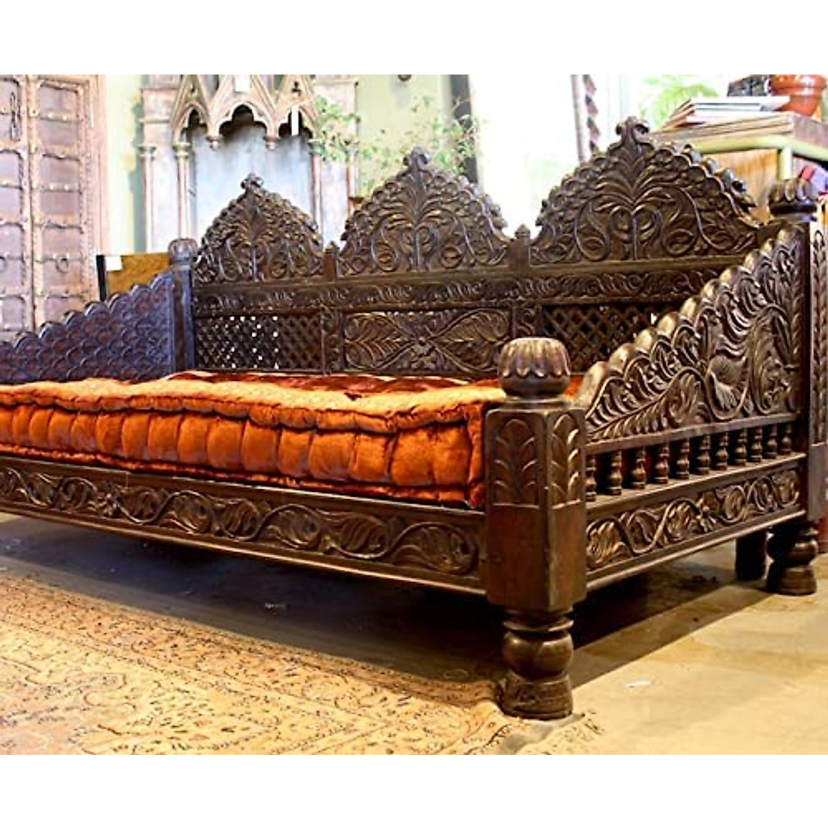 Worldcraft Industries Carved Jhula Day Bed. Twin Size. Handcrafted from Solid Indian Neem Wood (Medium Antique Finish, Day Bed Sofa: 44Dx83Wx40H)