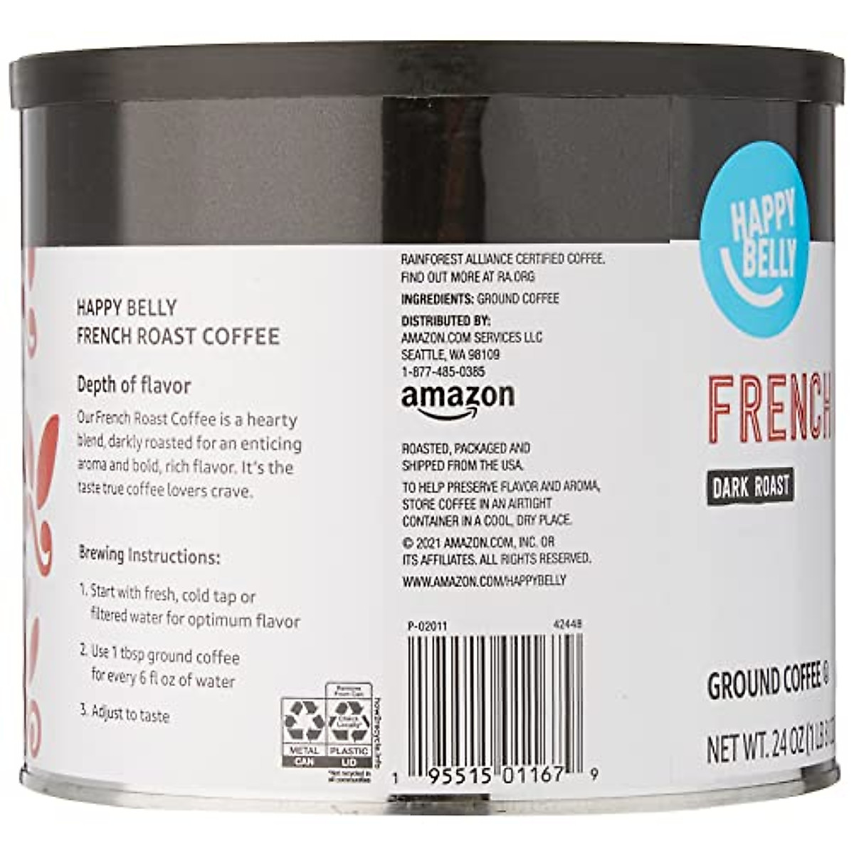 Amazon Brand - Happy Belly French Roast Canister Coffee, Dark Roast, 24 Ounce