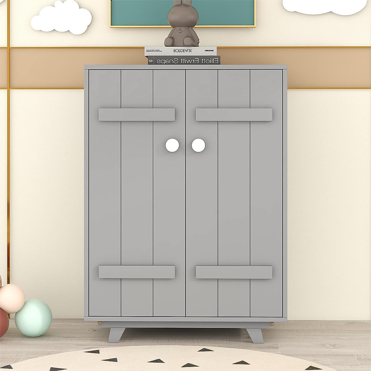 Wooden Kids Wardrobe with Hanging Rod, Cute Design Wardrobe Cabinet with 2 Doors, Storage Armoires Clothes Hanging Storage Rack for Boys Girls Kids' Room,Gray