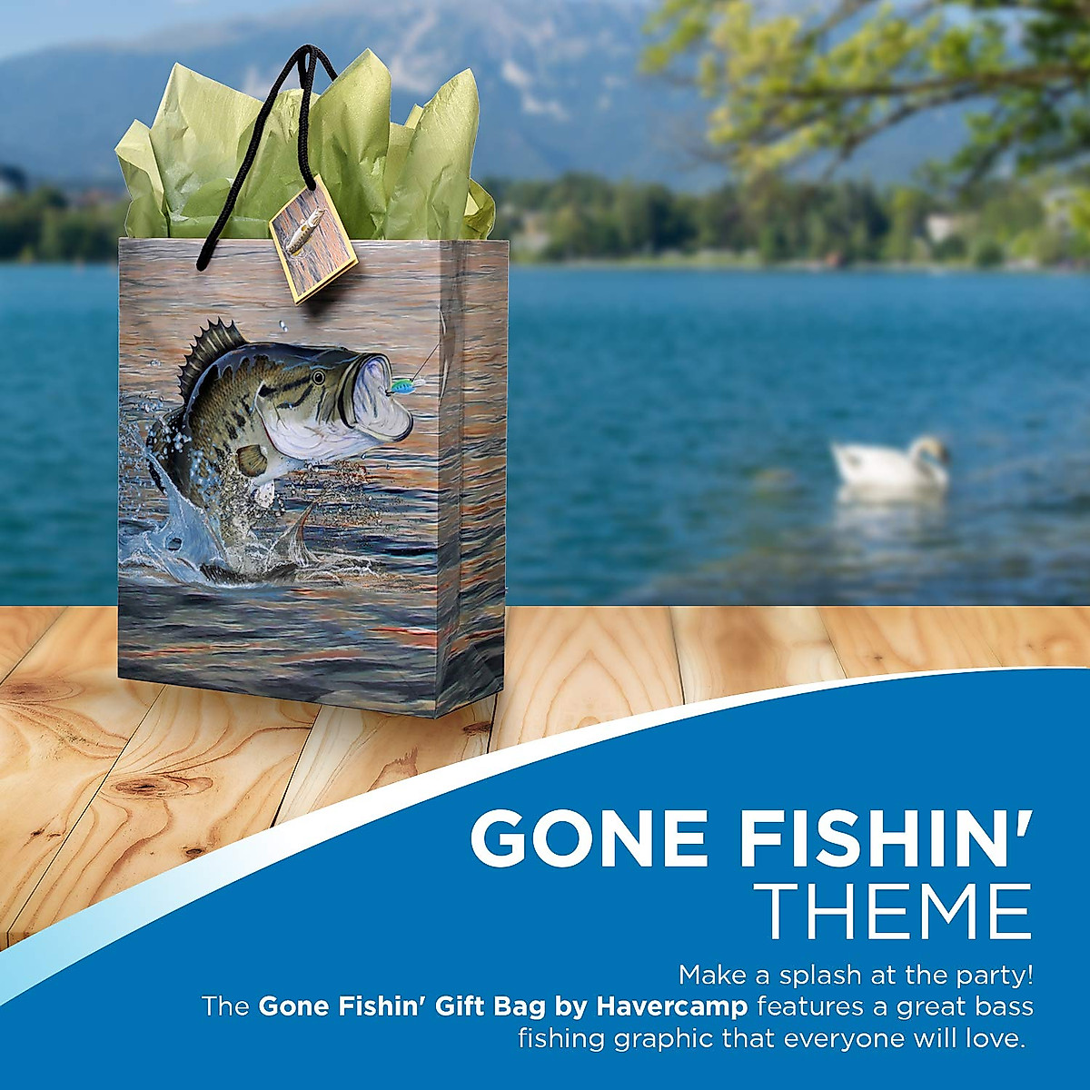 Havercamp Fishing Gift Bag, Medium, 10 x 12 x 4.25 Inches, Gone Fishin' Party Collection
