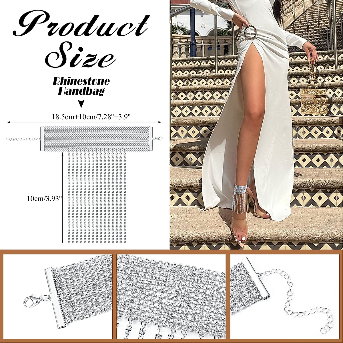 HAIAISO 7 Pieces Rhinestone Jewelry Set for Women Crystal Choker Necklace Tennis Stretch Bracelet Dangle Earrings Diamond Ring Rhinestone Tassel Anklets Wedding Bridal Prom Party Jewelry