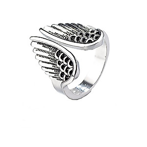 FLYYQMIAO Adjustable 925 Vintage Silver Angel Wing Open Rings Finger Ring Fashion Feather Cast Black Vintage Open Cuff Ring Punk Jewelry for Women Men