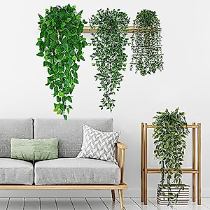Waipfaru Fake Hanging Plant with Pot, 4Pcs Artificial Hanging Plants with Fake Ivy Vines, Faux Potted Greenery Faux Eucalyptus Pothos Mandala Pea Pods for Home Room Wall Shelf Indoor Outdoor Decor