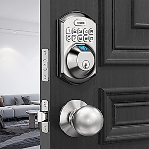 Fingerprint Door Lock Set - TEEHO Keyless Entry Door Lock with Handle - Door Knob with Keypad Deadbolt - Smart Locks for Front Door - Auto Lock - No Need App - Easy Installation - Satin Nickel