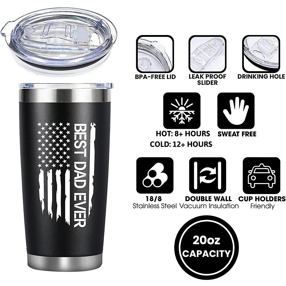 Best Dad Gifts from Kids, Son, Daughter, Funny Christmas Gifts for Dad, Cool Birthday Gifts Dad, Fathers day, Unique Thanksgiving Day Gifts, Dad Travel Coffee Mug Wine Tumbler with Lids and Straw 20oz