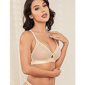 Wingslove Women's Sheer Mesh Bra Sexy Lace See Through Bralette Unlined Wireless Plunge Triangle Transparent Bras (Nude,36D)