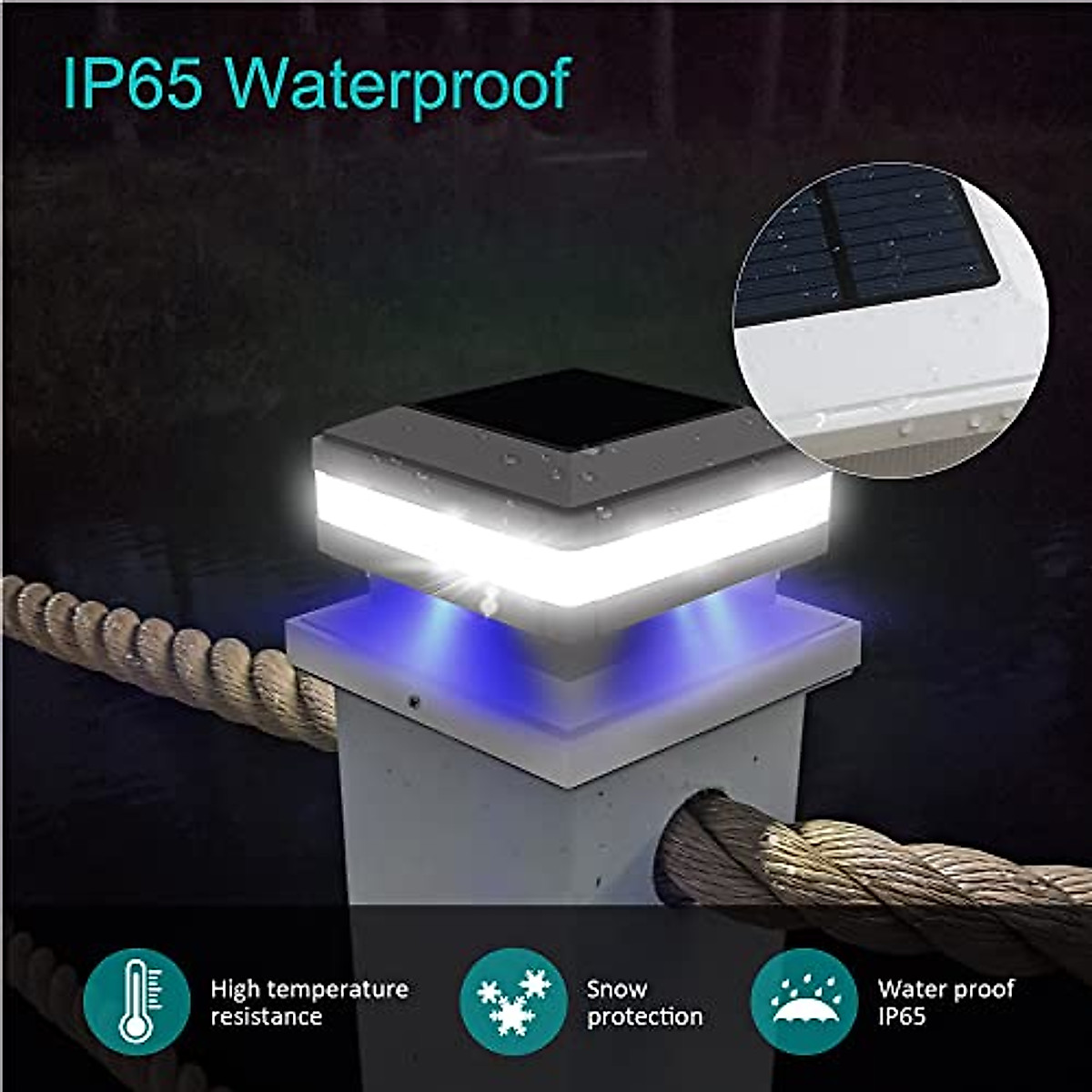 Sumaote Solar Post Cap Lights, 52 LED Solar Powered Fence Deck Post Lights Outdoor 6000K White Lighting for 4x4 5x5 6x6 Wooden Posts Railing Garden Patio Decor, White Shell, 2 Pack