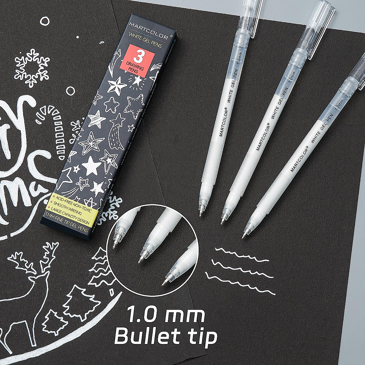 MARTCOLOR White Gel Pens, 1mm Fine Point Gel Ink Pen Opaque Archival Ink Pens for Black Paper Drawing, Sketching, Illustration, Card Making, Bullet Journaling, 3 Pack