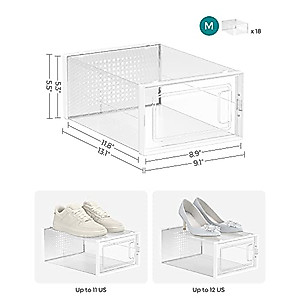 SONGMICS Shoe Boxes, Set of 18 Shoe Storage Organizers, Stackable and Foldable for Sneakers, Fit up to US Size 11, Transparent and White ULSP18SWT