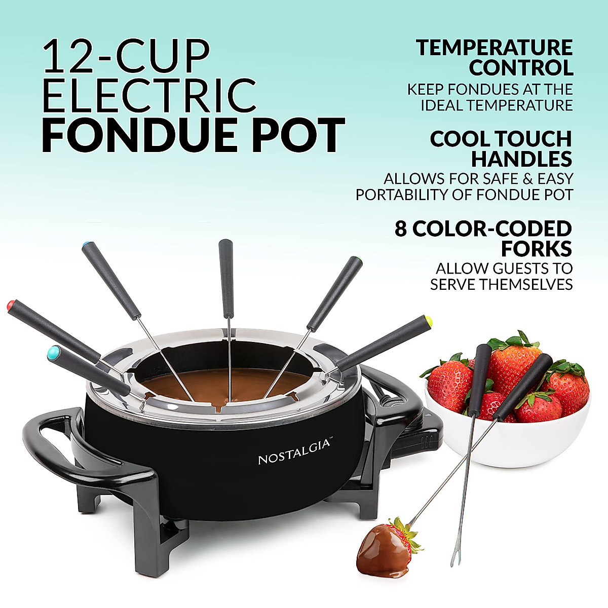 Nostalgia 12-Cup Electric Fondue Pot Set for Cheese & Chocolate - 8 Color-Coded Forks, Adjustable Temperature Control - Stylish Serving for Hors d'Oeuvres, Entrees, and Desserts - Black