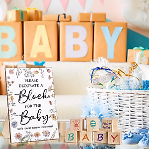 Qilery 75 Pcs Baby Shower Games Sign Kit Including Wildflower Game Sign Wooden Table Sign 50 DIY Blank Wooden Block 24 Acrylic Paint Marker Baby Shower Prize for Winners Gender Reveal