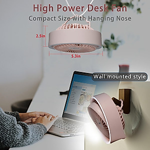 Digibond Pink Desk Fans Small Quiet with Ambient Light/Hook Portable USB Fan 5.3in High Power 3000mAH Rechargeable Battery Operate 3 Speed 180°Rotated Easy Clean