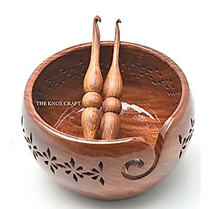 THE KNOX CRAFT - Wooden Yarn Bowl Holder, Yarn Bowl Storage with Carved Holes, Large Yarn Holder with 2 Crochet Hooks (Rosewood),(7x4)