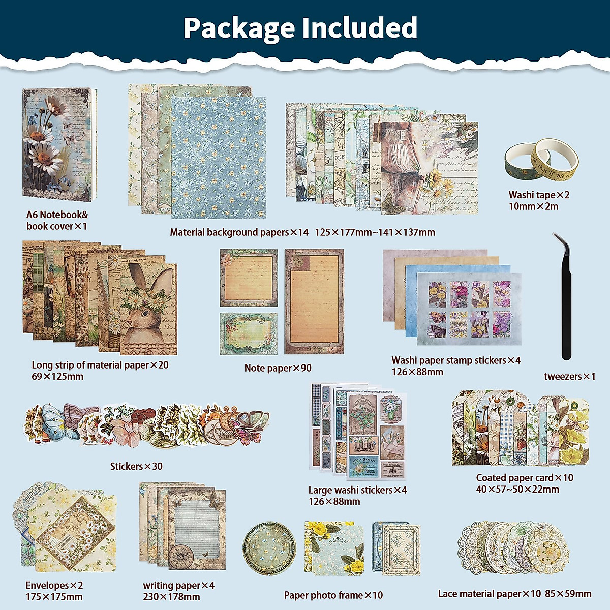 ALKALO Vintage Scrapbooking Kit(202pcs), Garden Slow Time Series with Journaling/Scrapbooking Supplies,Stationery,A6 Notebook,Aesthetic DIY Gift for Teen Girl Adult Female