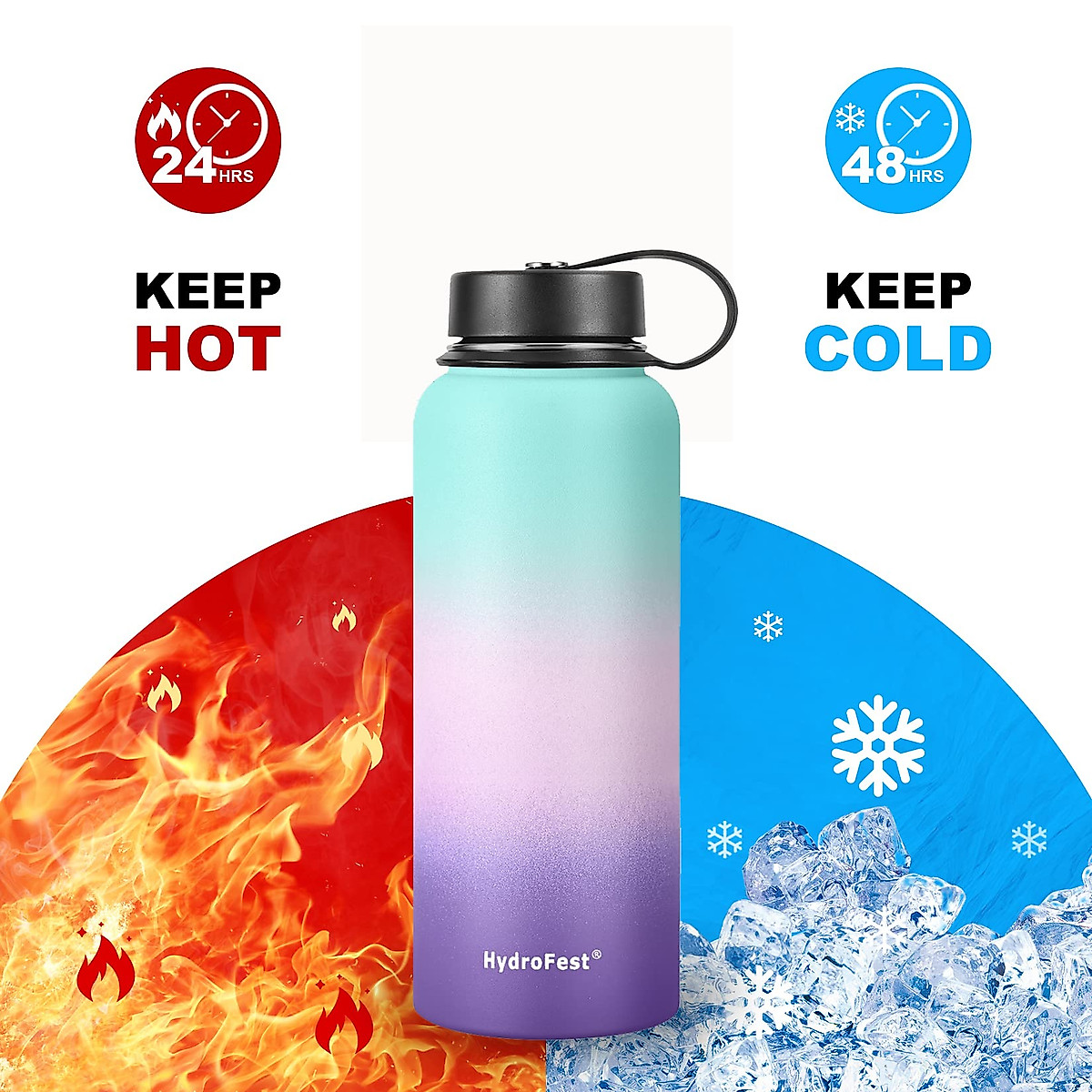 HydroFest Insulated Water Bottles,32 Ounce Water Bottle w/Straw lid, Spout Lid & Flex Cap, Wide Mouth Double Wall Vacuum Insulated 18/8 Stainless Steel Leakproof Water Flask (Hydrangea)