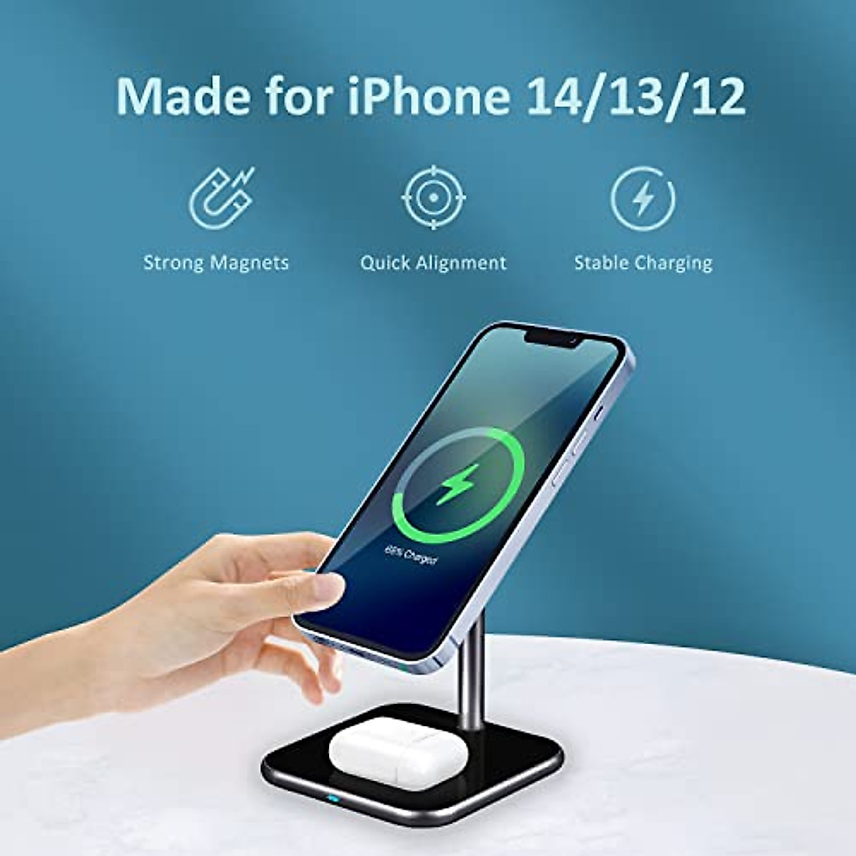 Aluminum 2 in 1 Magnetic Wireless Charger, Neluxfe Fast Charging Station Compatible with MagSafe Stand for iPhone 14, 13, 12, Pro Max and AirPods Pro (Black)
