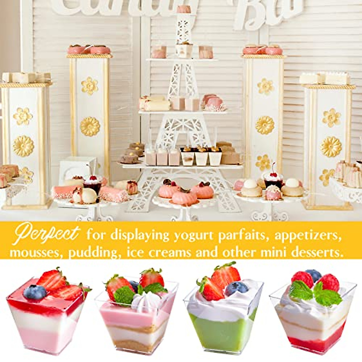 Qeirudu 50 Pack 3.5 oz Square Plastic Dessert Cups with Spoons, Mini Appetizer Cups Clear Parfait Shooter Cups for Tasting Party Small Desserts