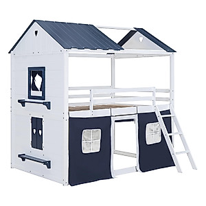 Harper & Bright Designs House Twin Loft Bunk Bed with Tent, Kids Loft Bed with Ladders,Guardrail, Windows and Roof, Wood Twin Over Twin Playhouse Bunk Bed for Kids Teens Boys & Girls (Blue & White)