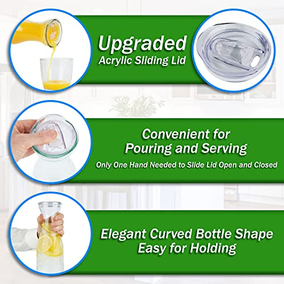 AYL Set of 2 Glass Carafe with Lids, 32 Oz Water Pitcher Beverage Serveware Carafe, Clear Glass Pitcher for Mimosa Bar, Cold Water, Brunch, Wine, Juice, Milk, Iced Tea, Lemonade,1 Hand Pour Lid