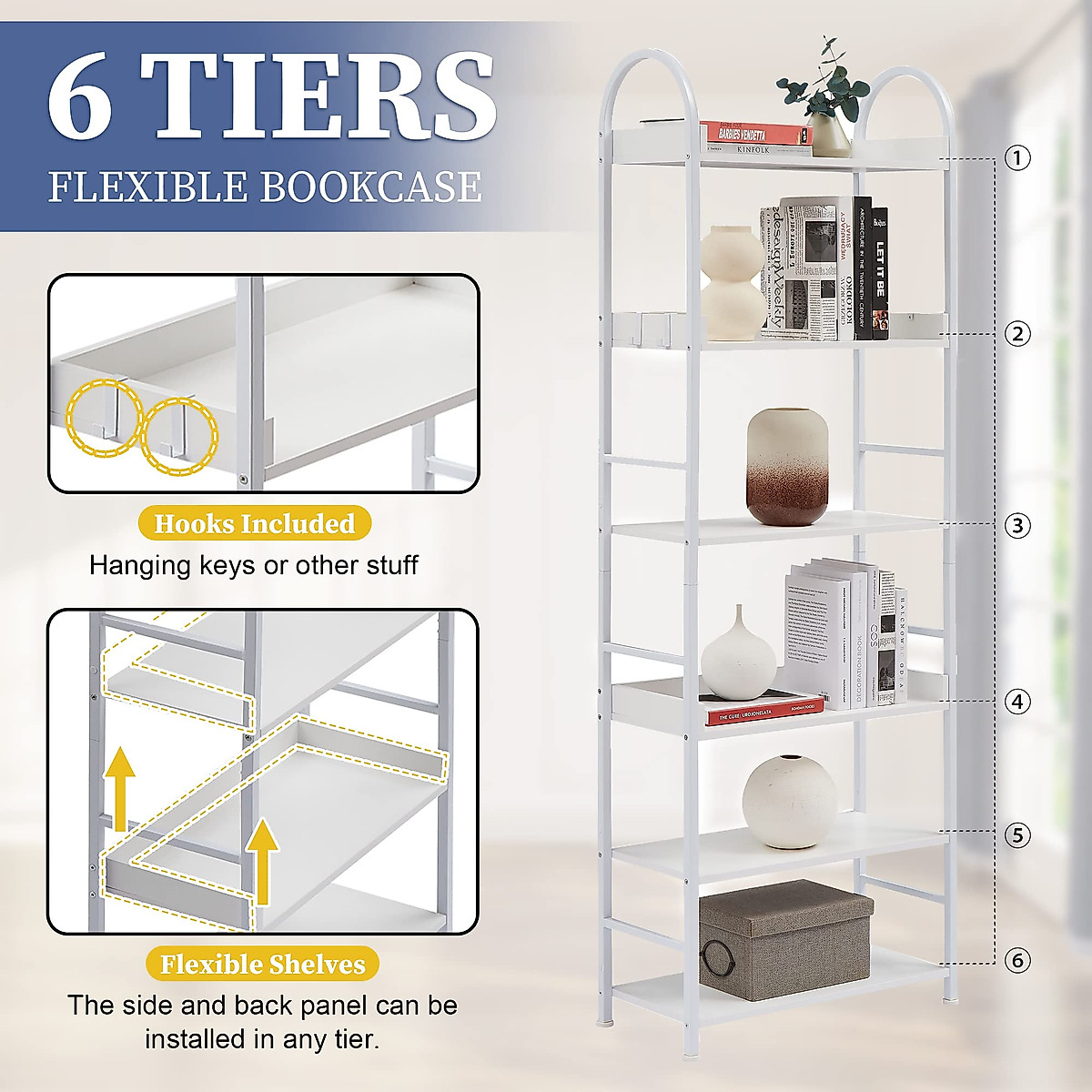 CITYLIGHT 6-Tier Open Bookshelf, 70.8" Tall Wood Storage Bookshelf with Metal Frame, Freestanding Display Rack Tall Shelving with Round Top Frame and Adjustable Foot Pads (White)