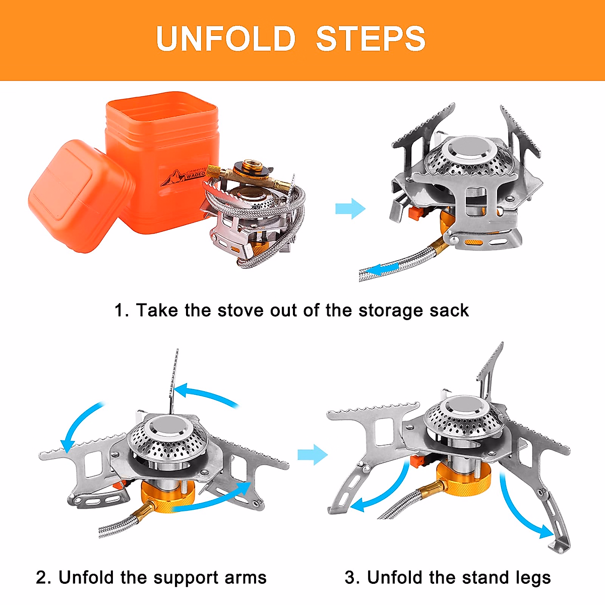 WADEO Camping Gas Stove, 3700W Portable Backpacking Stove with Piezo Ignition, Portable Burner, Camping Stove Adapter and Carrying Case for Outdoor Cooking