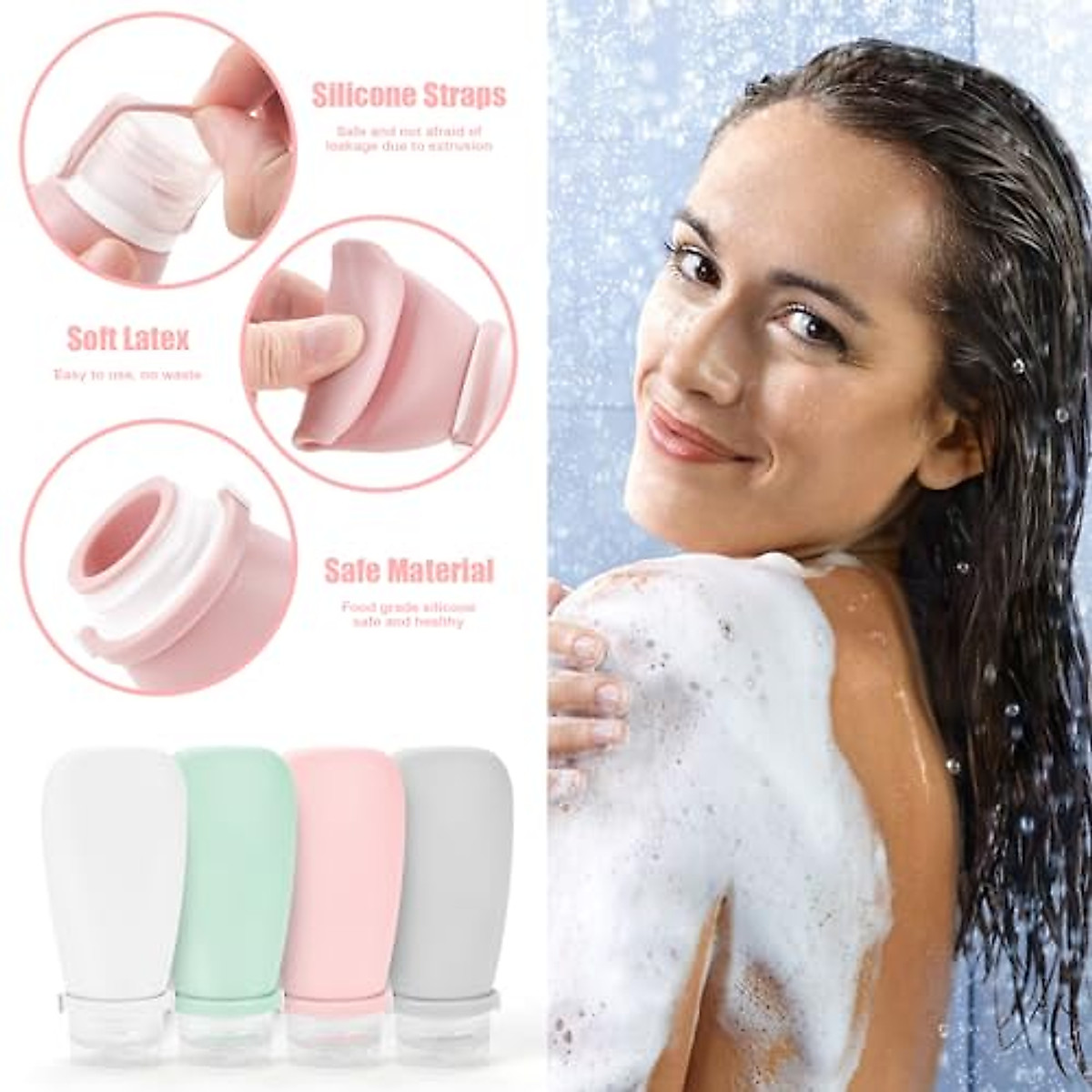 Noideeer 18 Pcs Travel Bottles for Toiletries Gym TSA Approved, Leak Proof with Bandage Silicone Squeezable 3oz for Toner Shampoo Conditioner Lotion Body Wash with Toothbrush Cover Tag and Wash Bag