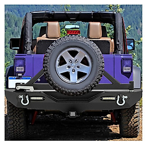 ECOTRIC Steel Rear Bumper Compatible with 2007-2018 Jeep Wrangler JK with Tire Carrier Bumper w/Lockable Tire Carrier 2" Receiver 2Pcs High Powered LED Floodlights Textured Black 2 Packages