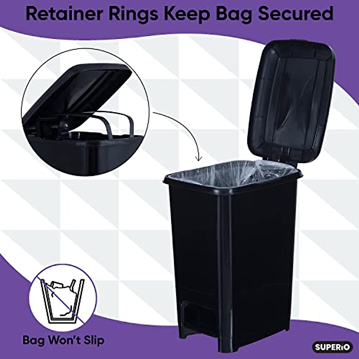 Superio 2.5 Gal Slim Step On Pedal Plastic Trash Can, 2 Pack Waste Bin for Under Desk, Office, Bedroom, Bathroom- 10 Qt, Black