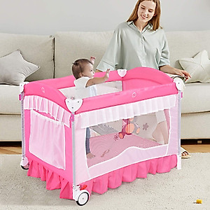 INFANS 4 in 1 Pack and Play, Portable Nursery Center Playard with Bassinet, Adjustable Canopy, Mattress, Diaper Changer, Carry Bag, Whirling Toys Music Box for Baby Boy Girl (Pink)