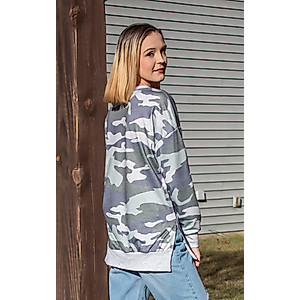 ECOWISH Women Side Split Sweatshirt: Fall Crewneck Long Sleeve Oversized Camo Shirts Casual Camouflage Print Pullover Tops 017 Gray Green M