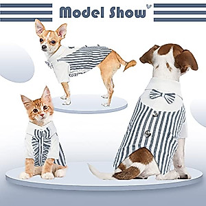 DENTRUN Dog Tuxedo Stylish Suit Formal Puppy Bow Tie Costume, Puppy Vertical Stripe Tuxedo Outfits Wedding Halloween Birthday Cosplay Party Shirt, Pet Clothes for Small Medium Dogs