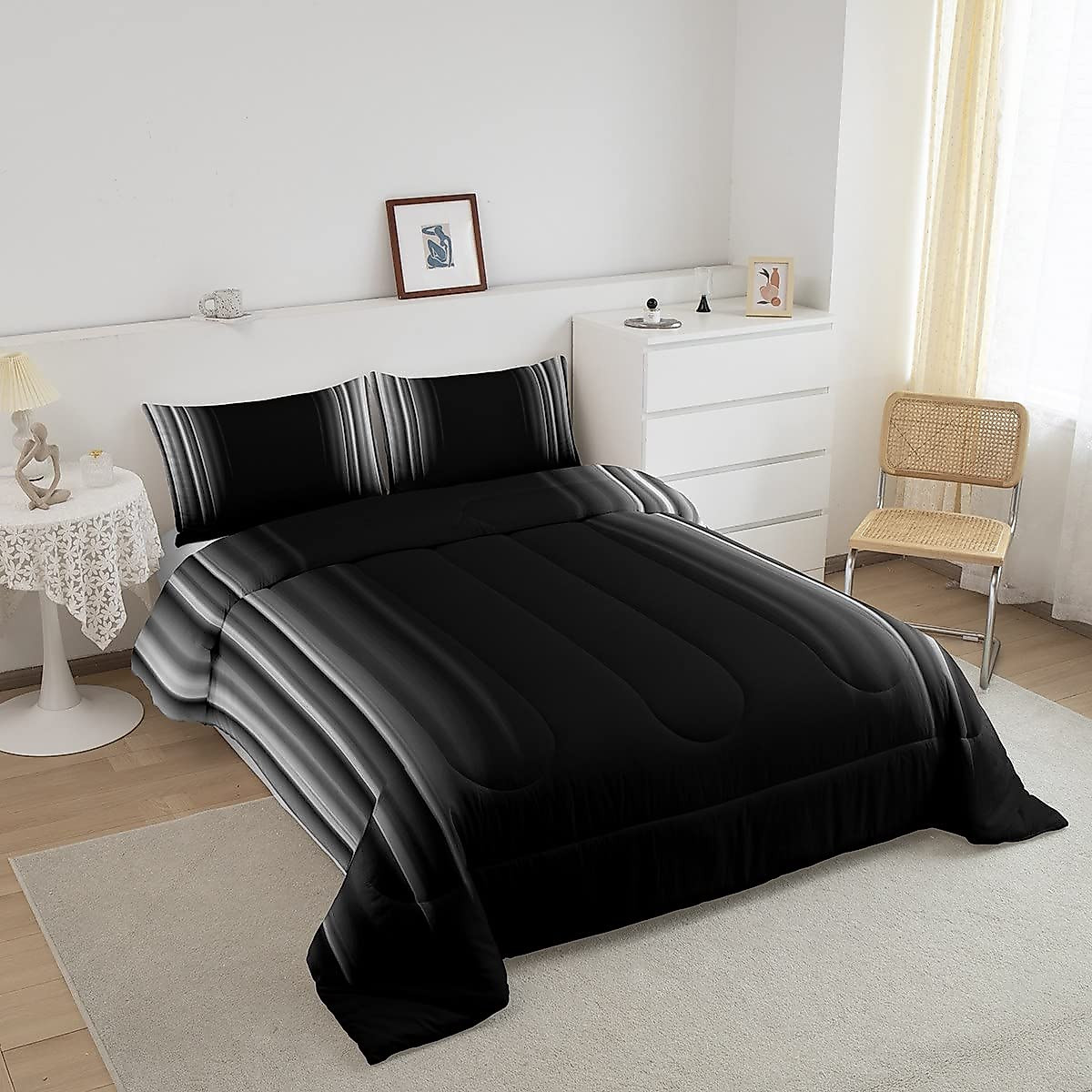 Geometric Abstract Ombre Bedding Set Men Adults Teens Grey Gray and Black Striped Comforter Set Kids Boys Girls Simple Modern Quilt Setwith 2 Pillowcases 3Pcs Bedding Full