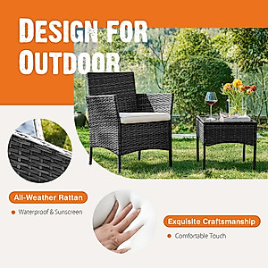 Sweetcripy Patio Furniture Set 3 Pieces, Outdoor Furniture with Soft Cushion and Glass Table, All Weather Manual Weaving Wicker Rattan Patio Chairs for Garden, Terrace, Porch(Black and Beige)