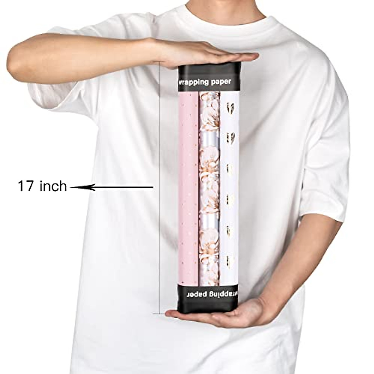MAYPLUSS Wrapping Paper Roll - Mini Roll - 17 inch X 120 inch Per roll - 3 Different Pink and Gray Floral Design (42.3 sq.ft.ttl)