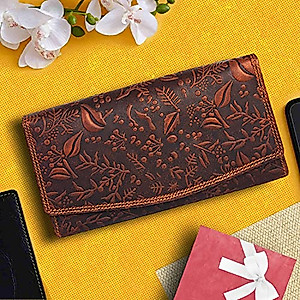 LEVOGUE RFID Flower embossed Leather Wallet for Women-Multi Credit Card Slots,Mobile case Coin Purse with ID Window-by VALENCHI (Cognac Vintage)