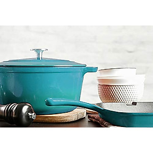 Mirro MIR-19063 4.8 Quart Cast Iron White Enamel Coated Interior Dutch Oven, Teal, Ready to Use