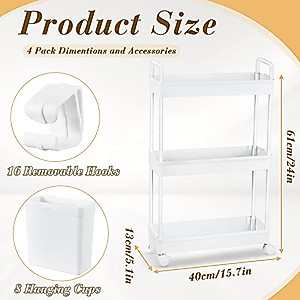 Qunclay 4 Pack Plastic Slim Storage Rolling Cart 3 Tier Storage Cabinet Moveable Bookshelf on Wheels Shelves Thin Storage Cart for Bathroom Laundry Room Book Cart Under Desk Storage Shelf Small Space