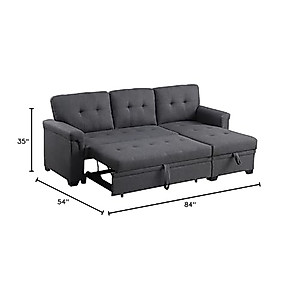 OMMGG 84'' L-Shape Convertible Sleeper Sectional Sofa, Linen Upholstered Reversible Corner 3 Person Couch with Storage Chaise and Pull-Out Bed, for Living Room, Apartment, 84, Dark Gray-1