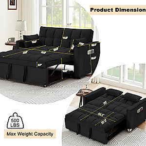 Suheww Black Pull Out Sofa Bed, 3 in 1 Convertible Small Couch for Bedroom,2 Seater Sofa Cama with Adjustable Backrest Velvet Futon Chaise Lounge for Small Spaces Living Room Office