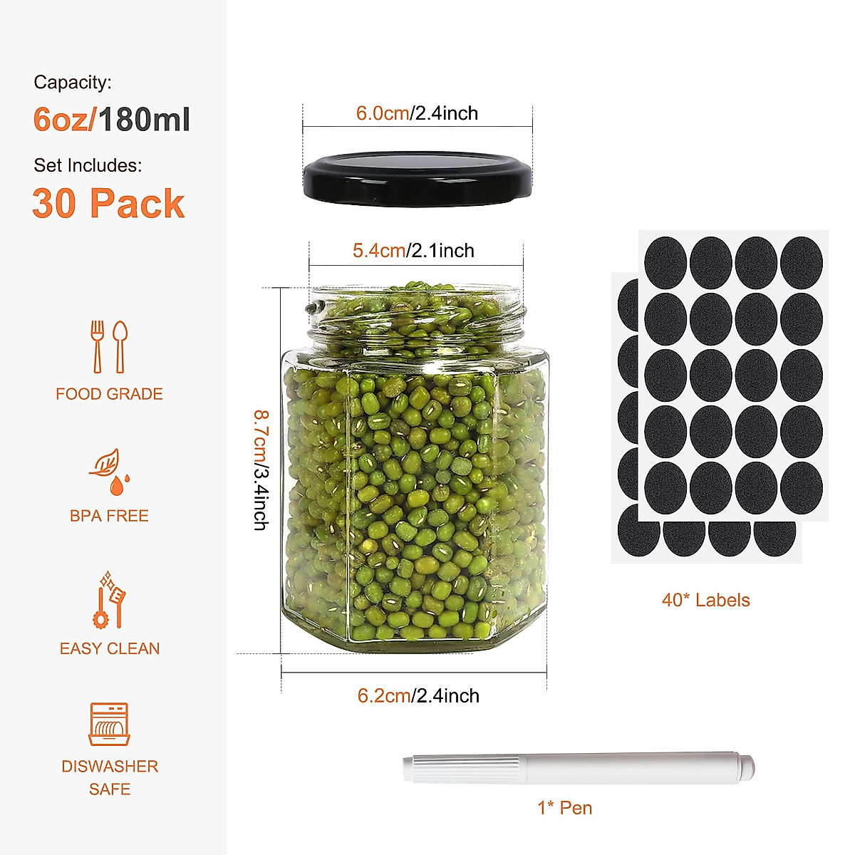 Betrome 6oz Glass Jars with Black Lids, 30 Pack 180ml Clear Hexagon Glass Canning Jars Honey Jars Spice Jars Mason Jars for Jams, Shower Favors, Wedding Favors, Craft, 1 Pen and Labels Included
