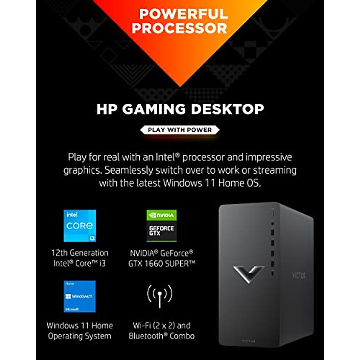 HP Victus 15L Gaming Desktop Bundle PC, NVIDIA GeForce GTX 1660 SUPER Graphics, 12th Generation Intel Core i3 Processor, 8 GB SDRAM, 256 GB SSD, Windows 11 Home OS, Wi-Fi & Bluetooth (TG02-0032,2022)