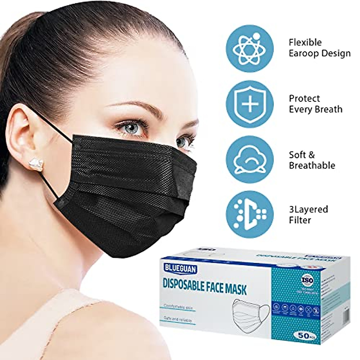 Black Disposable Face Masks - 50 Pack Black Masks for Women and Men，3 Ply Breathable Adult Face Masks