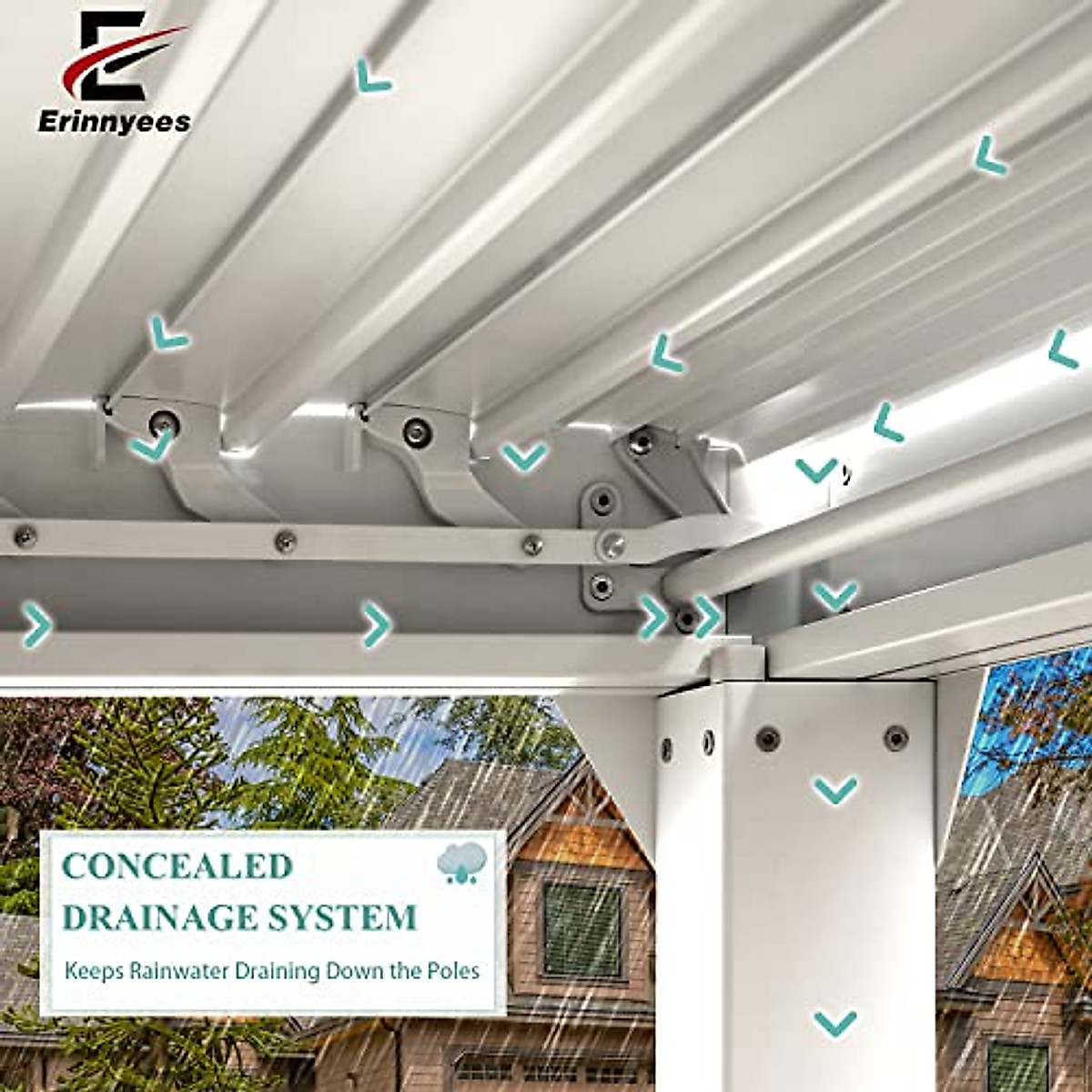 Erinnyees 10'×20' Outdoor Louvered White Pergola with Adjustable Aluminum Rainproof Roof, Patio Hardtop Gazebo Sun Shade Shelter for Beach Deck Patio Garden Yard, Including Curtains and Netting